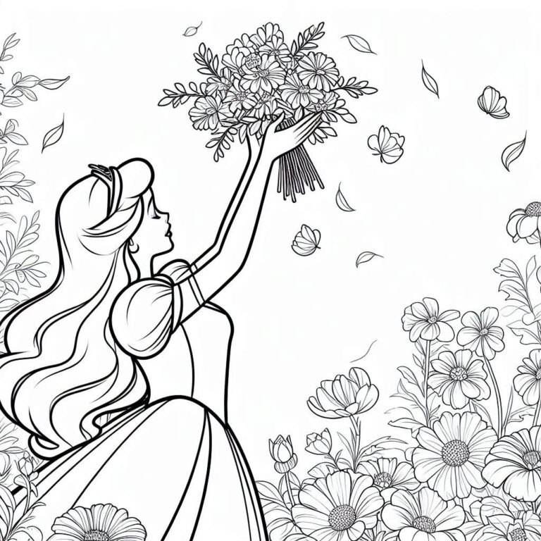 Disney princess with flower coloring page - Free printable sheet